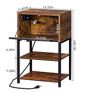 LEBOAHOUS Nightstand with Charging Station and USB Port, 3 Tier Industrial Night Stand, Bedside Table with Flip Storage Drawer and Open Shelf, End Side Table for Bedroom, Office, Dorm 26.2''H (Brown)