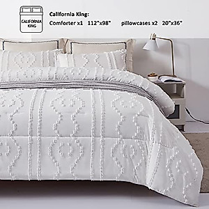 Luxudecor California King Comforter Set White, Boho Tufted Comforter, Shabby Chic Embroidery Farmhouse Bedding Set 3 Pieces, Soft and Fluffy Cal King Bed Comforter for All Seasons 112''x98''