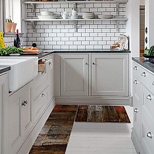 Prime Leader 2 Piece Non-Slip Kitchen Mat Rug Rubber Backing Doormat Set Old Vintage Wood Garage American Farm House Country Style Kitchen Rugs Comfort Standing Mat PVC Leather Anti Fatigue Floor Mat