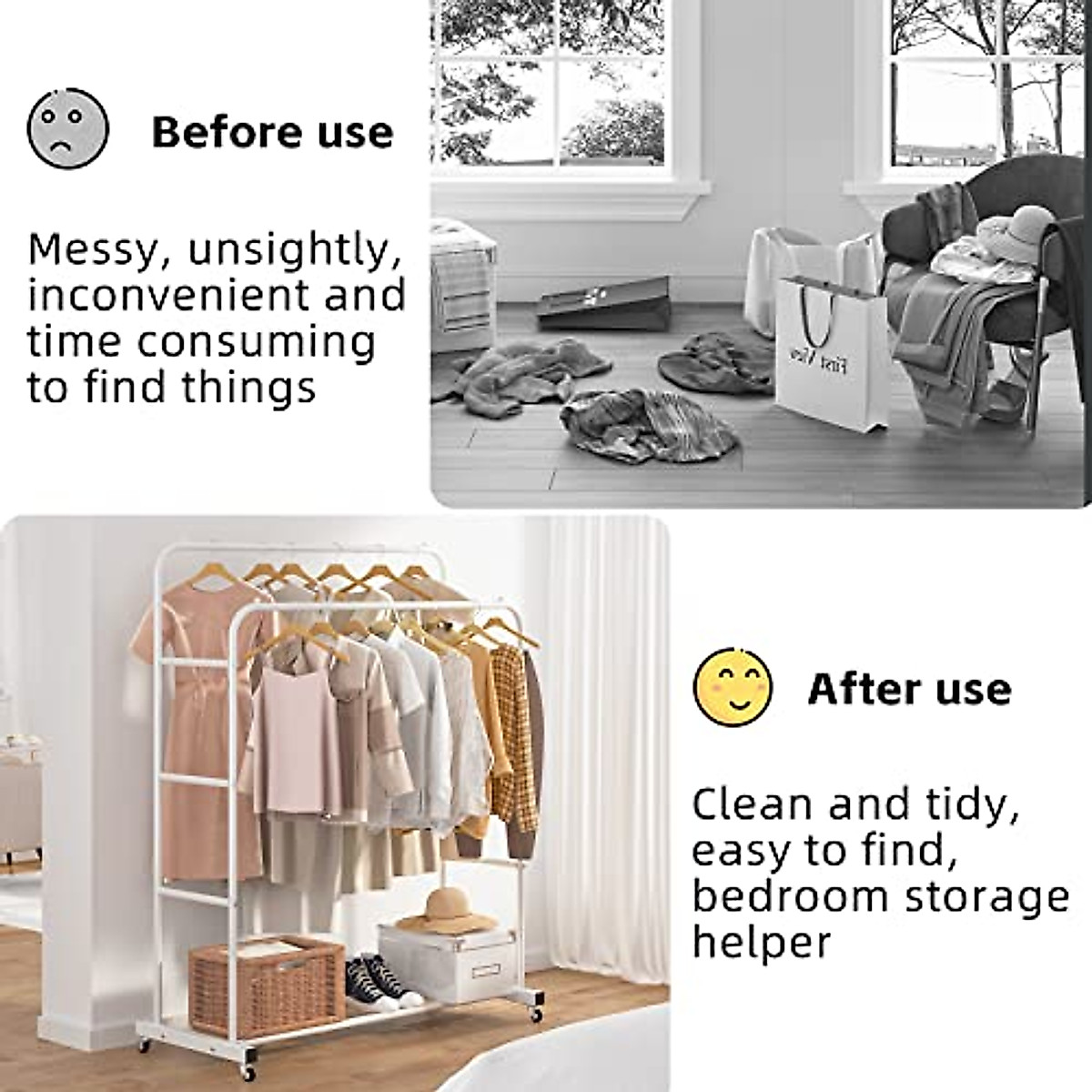 Laiensia Double Rod Garment Rack,Portable Rolling Clothes rack on Wheels,for Hanging Clothes,White