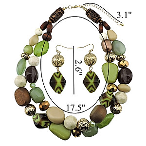 Bocar 2 Layer Statement Chunky Beaded Fashion Necklace Earrings Set for Women Gifts (NK-10384-olive-set)