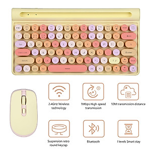 Apuode Wireless Keyboard and Mouse Combo, Bluetooth 5.0/3.0/2.4GHz, with Tablet Holder, Quiet Mute Button, Cute Retro Round Keycaps, Replaceable Battery, for PC, Mac, Laptop, Tablet
