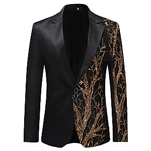 Cloudstyle Mens Stylish Dinner Tux Dress Blazer Gold Sequin Slim Fit Suit Jacket Sport Coat,Lightning Tree-Black,Large