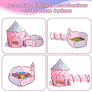 wilwolfer 3PC Princess Tent for Girls with Kids Play Tents, Crawl Tunnel and Baby Ball Pit for Toddlers, Pink Pop Up Playhouse Toys for Boys Indoor& Outdoor Games, Birthday Kid’s Gifts