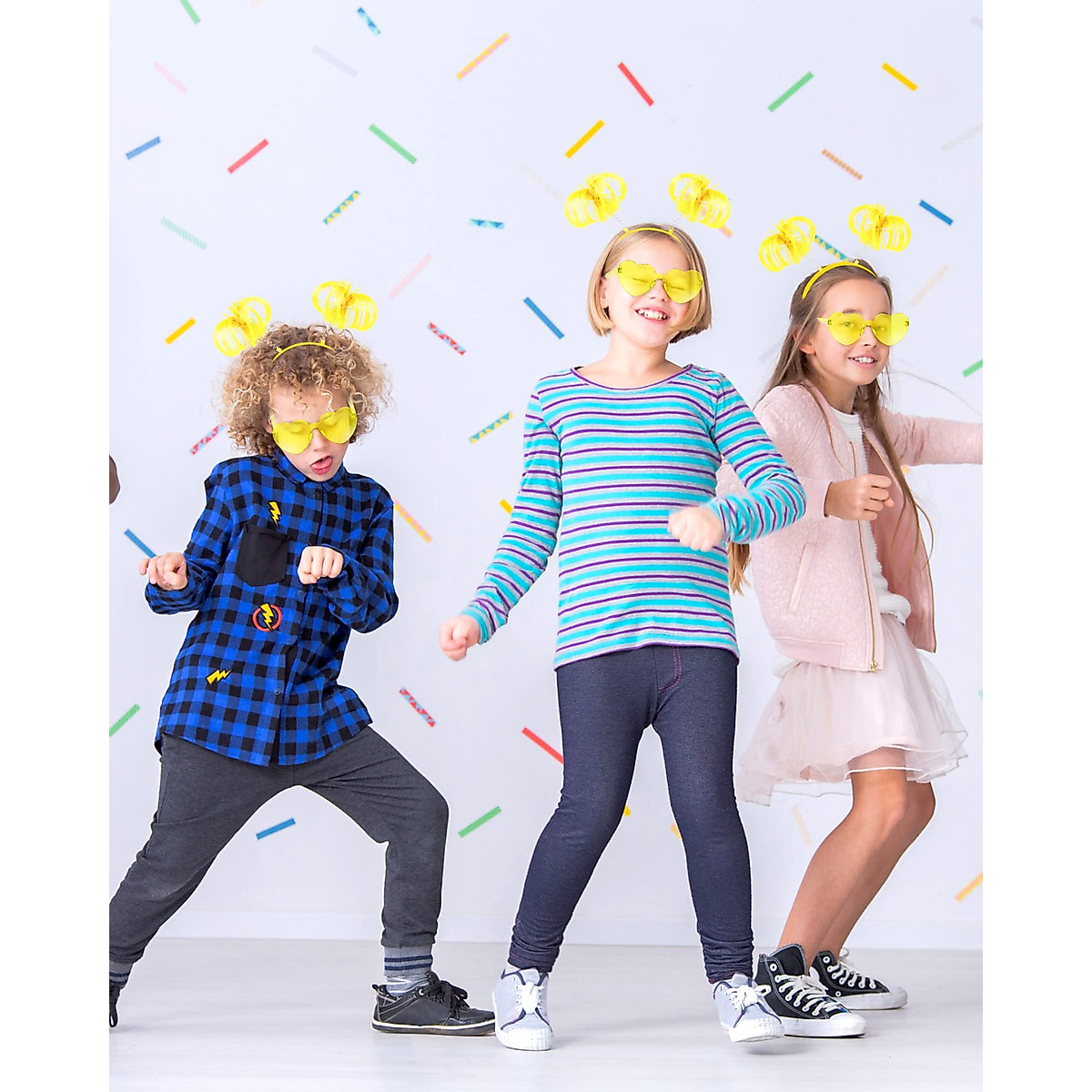 12 Pcs Tinsel Wrapped Ponytails Headband with Heart Shape Sunglasses Costume Party Faux Feather Headwear Bopper for Festival(Yellow)