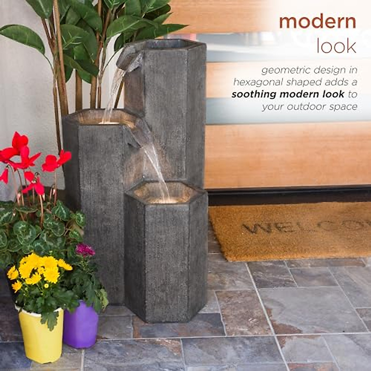 Alpine Corporation 25" Tall Indoor/Outdoor 3-Tier Hexagonal Columns Fountain with LED Lights