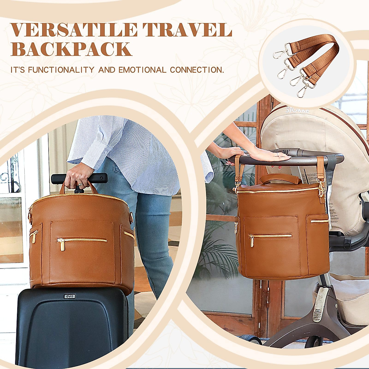 miss fong Diaper Bag Backpack Baby Diaper Bag, Large Leather Diaper Bag Backpack with Changing Pad, Stroller Straps, and 2 Insulated Pockets(Convertible, Brown)