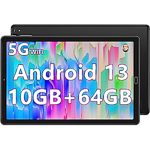 GOODTEL 2024 Newest Tablet 10-inch 10GB RAM 64GB ROM 1TB TF, Android 13, WiFi 5G/2.4G, Bluetooth 5.0, GMS, Widget, Split-Screen Function, AGPS, OTG, Type-C, 3.5mm AUX, 6000mAh, 8+5MP, Black