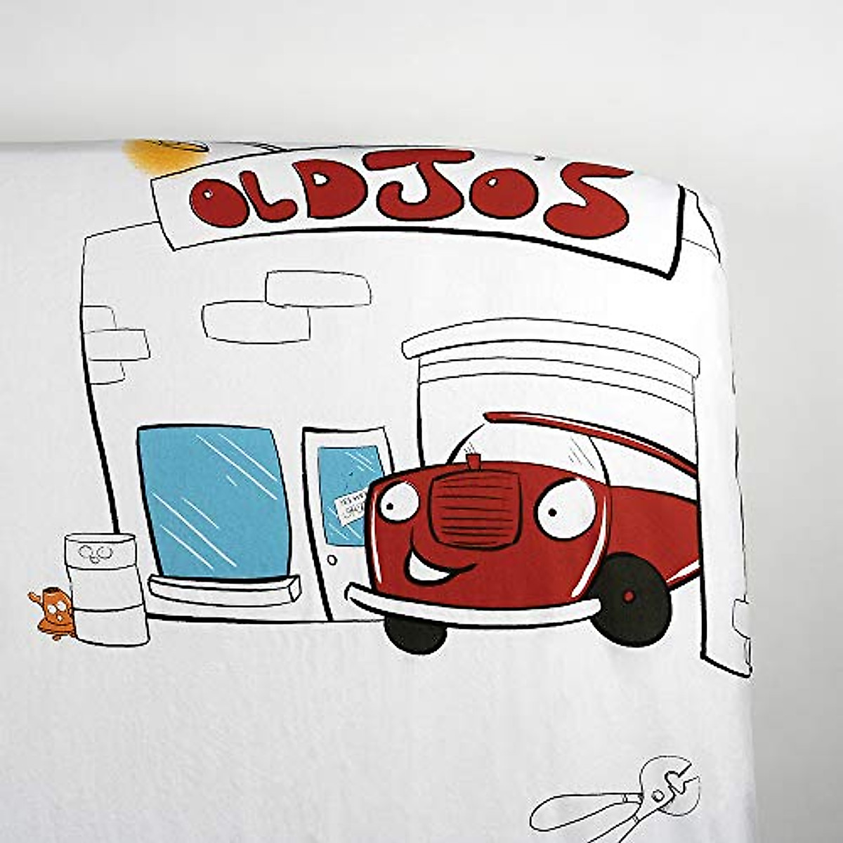 JumpOff Jo - Fitted Crib Sheet, Super Soft 100% Cotton Sheet for Standard Crib Mattresses and Toddler Beds, 28 in. x 52 in, Storytelling Designs - Jo's Garage (White)