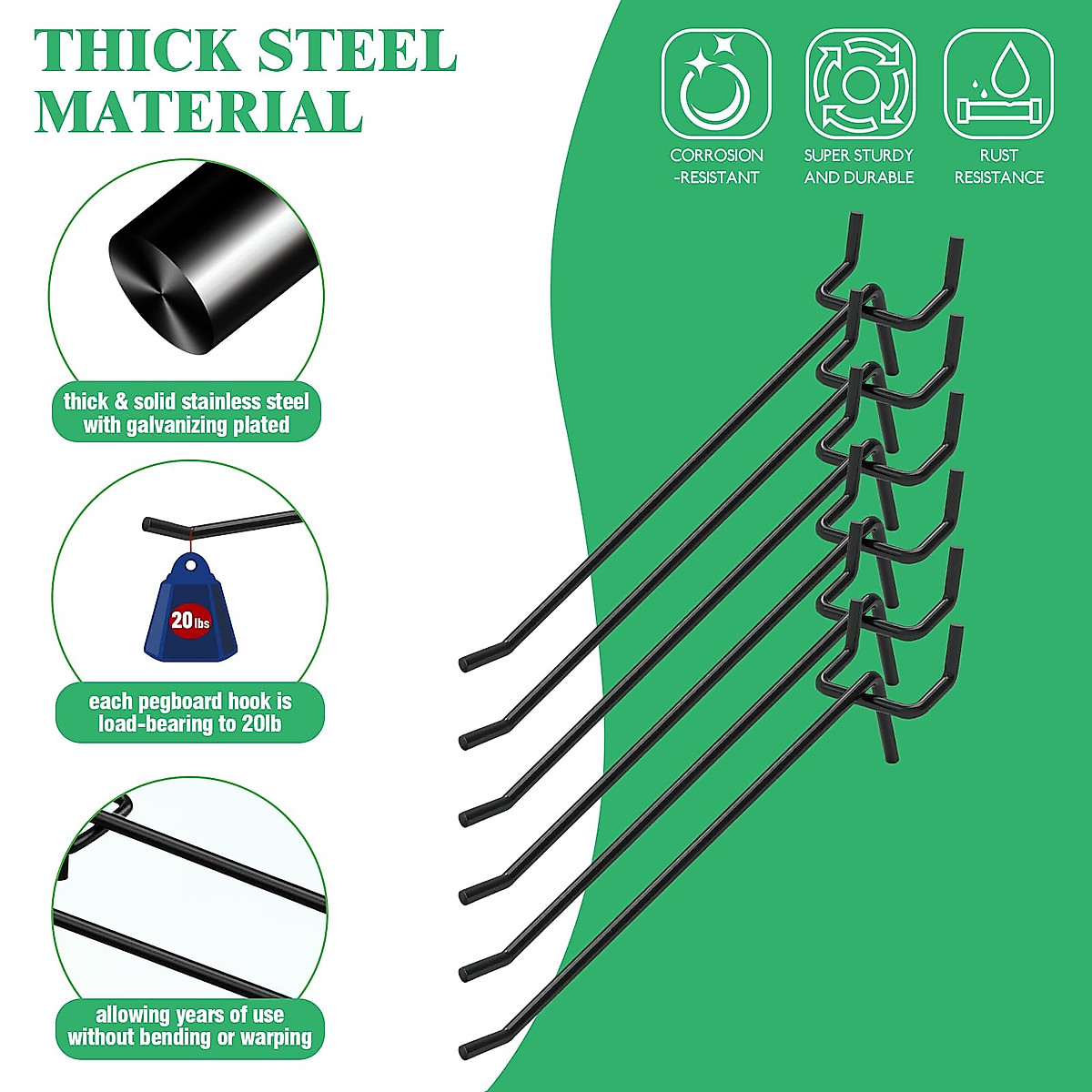 Yauhar 50Pcs 6"/15CM Pegboard Hooks Assortment Set, Metal Peg Board Hooks with 2.5mm Hole Pitch 4mm Wire Diameter Slatwall Hanging Hook for Garage Organization Wall Hanging (Black)