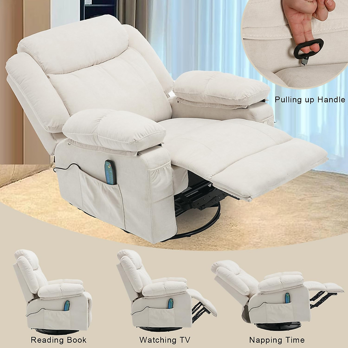 REFFICER Massage Recliner Chairs with Heat, Leather Reclining Chair with Cup Holders, Manual Oversized Rocker Recliner Single Sofa Couch, Overstuffed Theater Seating Recliner for Home Living