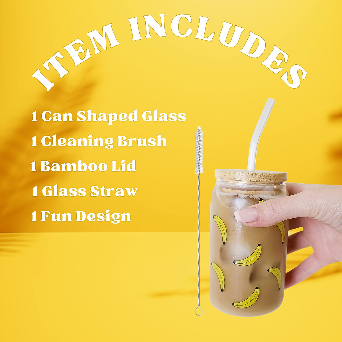 BANANA POP-ART CUP, TUMBLER, ICED COFFEE CUP, BAMBOO LID, GLASS STRAW, 12 OZ DRINKING GLASS, BEER CAN SHAPED GLASS, MASON JAR, BANANA GIFT, BANANA ACCESSORIES, BANANA CUP, ICED TEA, LEMONADE CUP