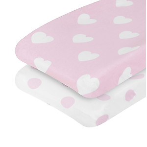 EVERYDAY KIDS 2 Pack Baby Changing Pad Covers for Baby Girl – Fits Most Changing Table Pads; 100% Cotton Jersey Knit, Breathable, Soft Changing Table Topper – Pink and White Hearts and Polka Dots