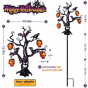 Halloween Solar Light Outdoor Decorations Waterproof 2Pack,Scary Iron Art Pathway Lights Metal Yard Garden Stake Lights Outdoor Lawn Yard Porch Ornaments Bat Skull Tree Party Decor