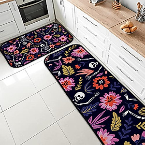 Vantaso Kitchen Floor Mat Rug Floral Halloween Set of 2 Cushioned Non-Slip Comfort Runner Rugs