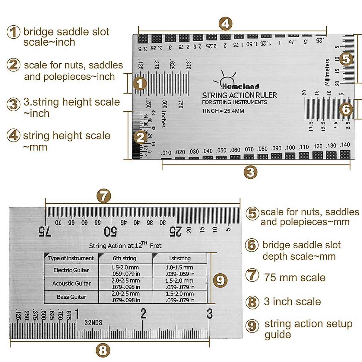 Alnicov Stainless Steel String Action Ruler Guitar Setup Gauge Luthier Measuring Tool with User Guide for Electric, Acoustic Bass Guitars