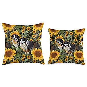 Australian Shepherds Lovers Accessories Cute Australian Shepherds Enchanted Sunflower Garden Drawing Throw Pillow, 18x18, Multicolor
