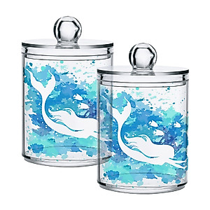 Mermaid Mermaid Qtip Holder Dispenser Watercolor Mermaid Bathroom Canister Storage Organization 4 Pack Clear Plastic Apothecary Jars with Lids Vanity Makeup Organizer For Cotton Swab Ball Floss
