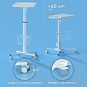 ONKRON Rolling Laptop Stand - Computer Cart with Wheels - Standing Desk On Wheels - Foot Pedal Pneumatic Height Adjustable Table On Wheels - Utility Medical Cart - Desk Load up to 17.6 Lbs, White