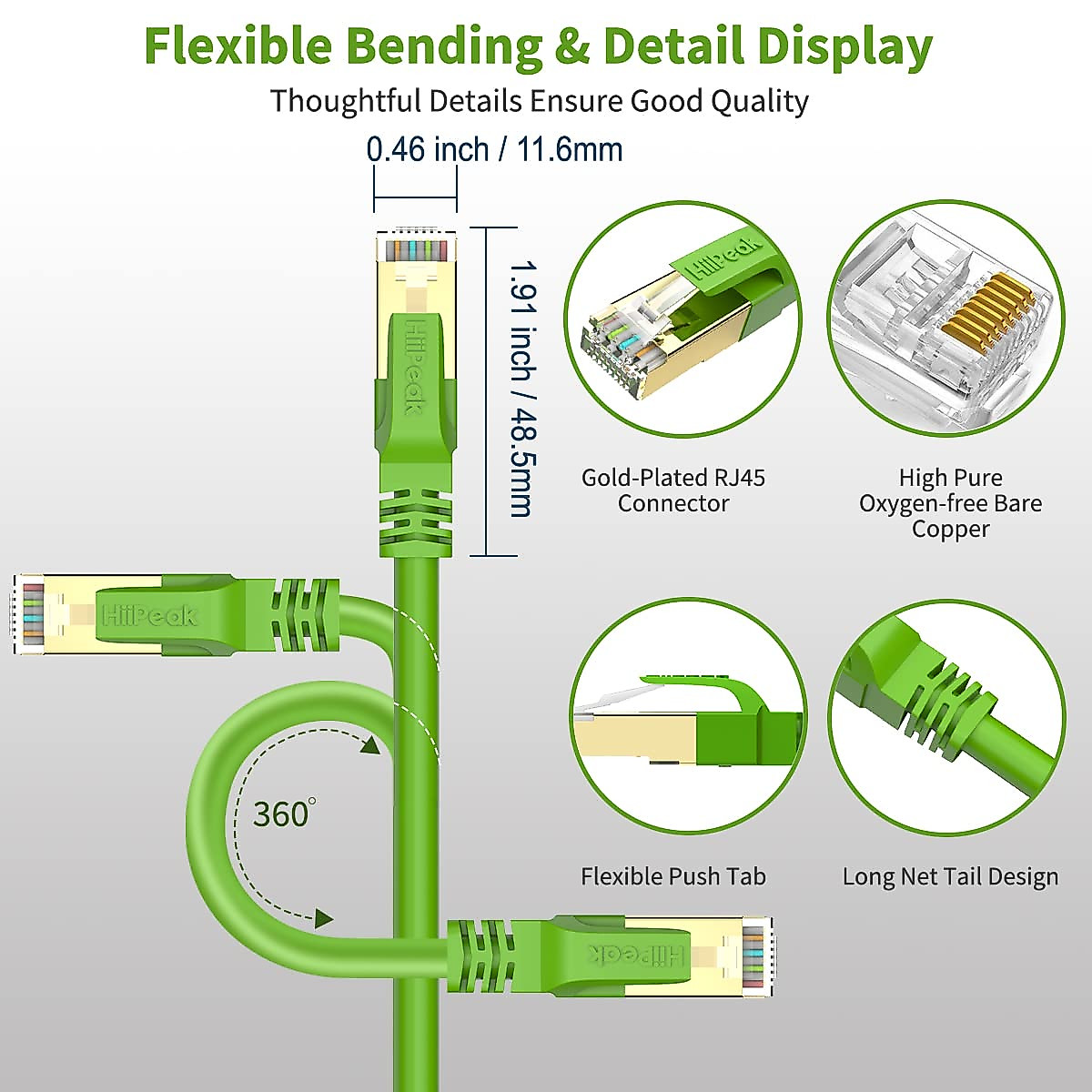 Cat8 Ethernet Cable 1FT, Indoor&Outdoor, Heavy Duty High Speed 26AWG Cat8 Network LAN Cable 2000Mhz, 40Gbps with Gold Plated RJ45 Connector, Weatherproof S/FTP UV Resistant for Router,Modem,PC Green