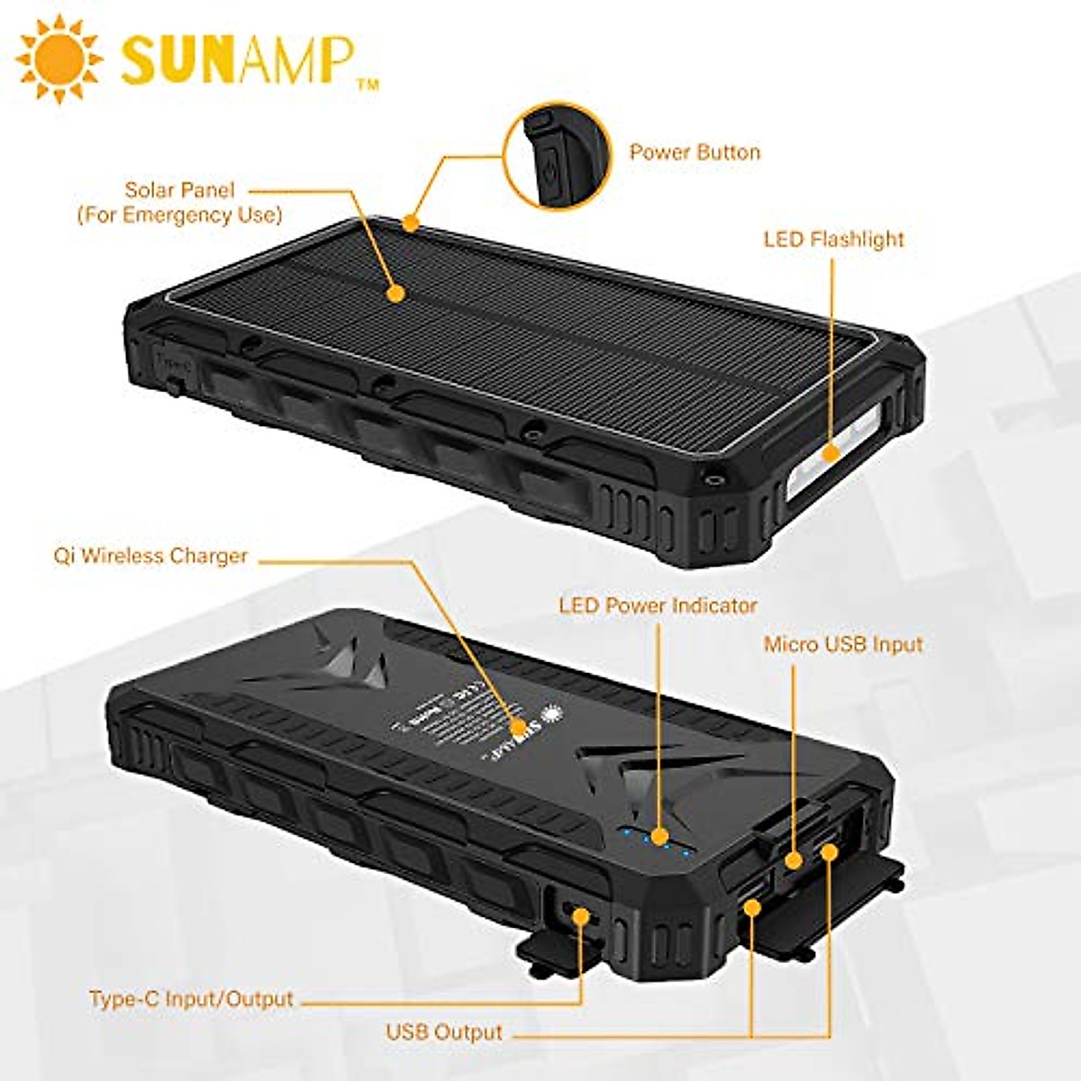 SunAmp Wireless Solar Power Bank | Solar Charger with USB Type C Quick Charge | Bright LED Flashlight | 20,000mAh | IP54 Rainproof Shockproof Dustproof for Travel and Outdoors | 4 Ports (Black) from
