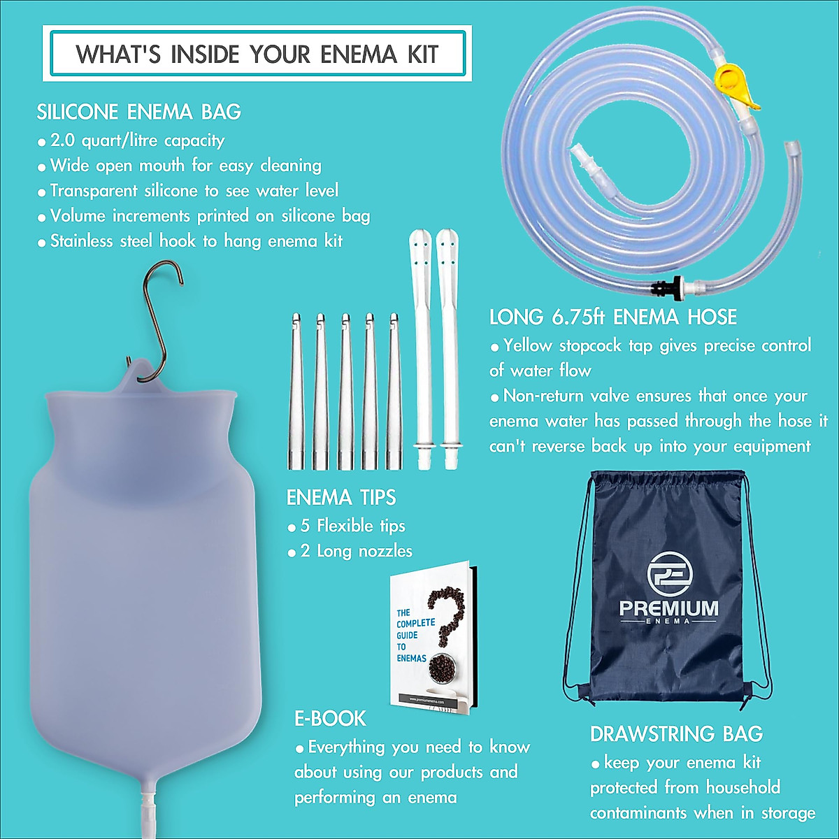 PE Premium Enema Clear Silicone Enema Bag Kit - 2 Quart, Reusable for Coffee & Water Colon Cleanse - 6.75 Foot Long Hose, 7 Tips Included. Enemas for Colon Cleanse Men and Women. Detox Cleanse.