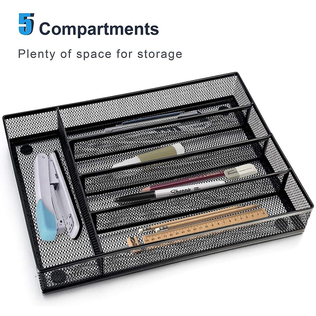 Ipanda Cutlery Tray, Cutlery Organizer, Non-Silp 5 Compartments Utensil Drawer Storage, Kitchen/Office, Steel Mesh Silverware Drawer/Holder/Divider (Black)