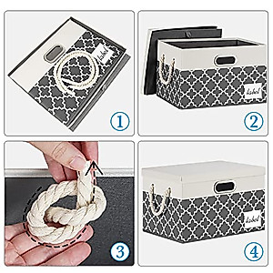 RVSNQ Large Storage Bins with Lids, Foldable Fabric Storage Baskets with Lids, Closet Storage Bins with Cotton Rope Handle and Label, Storage Boxes for Organizing Office, Shelf, Bedroom (3-Pack, Grey Quatrefoil)
