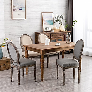 chairus Farmhouse Dining Chairs Set of 6, French Country Dining Room Chairs Vintage Fabric Upholstered Chair with Round Back Dark Wood Legs, Beige 6 PCS