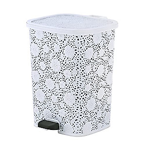 Compact Plastic Step-On Trash Can, Indoor and Outdoor Waste Bin with Foot Pedal, White Decorative Garbage Bin with Lace Design, 12 Qt Small Trash Can for Kitchen, Bathroom, Bedroom, Patio, Yard