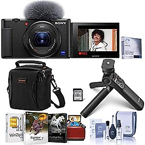 Sony ZV-1 Compact 4K HD Digital Camera, Black Bundle with ACCVC1 Vlogger Accessory Kit, Mac Software Pack, Shoulder Bag, Screen Protector, Cleaning Kit
