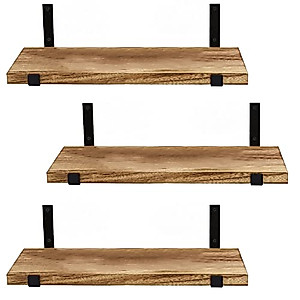 ROBOPOWER Wooden Floating Shelves Wall Mounted 3 Packs Wood Shelves with L Iron Brackets Shelves for Home Decor Bedroom, Living Room, Bathroom, Kitchen, Office(Hook-Up, Light Brown)