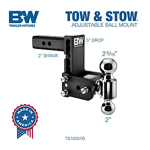 B&W Trailer Hitches Tow & Stow Adjustable Trailer Hitch Ball Mount - Fits 2" Receiver, Dual Ball (2" x 2-5/16"), 5" Drop, 10,000 GTW - TS10037B
