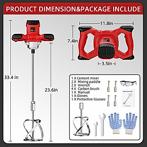 Dragro Electric Cement Mixer, 2100W Handheld Concrete Mixer with 6 Speed，Portable Mortar Mixer for Mixing Mud, Mortar, Plaster,Cement, Paint, Fodder，2 Pieces Mixing Heads