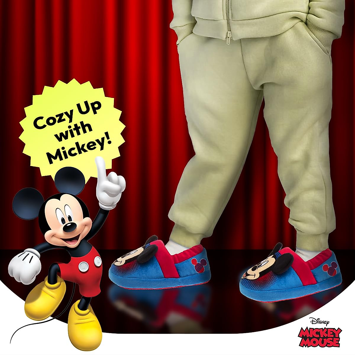 Disney Mickey Mouse Boys Slippers - Plush Lightweight Warm Comfort Soft Aline House Kids Shoes Slippers - Blue/Red (size 7-8 Toddler)