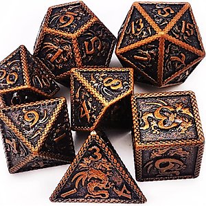 MJDICEOK Dragon Metal DND Dice Set 7 Role Playing Dice Solid D&D Dice Red Copper