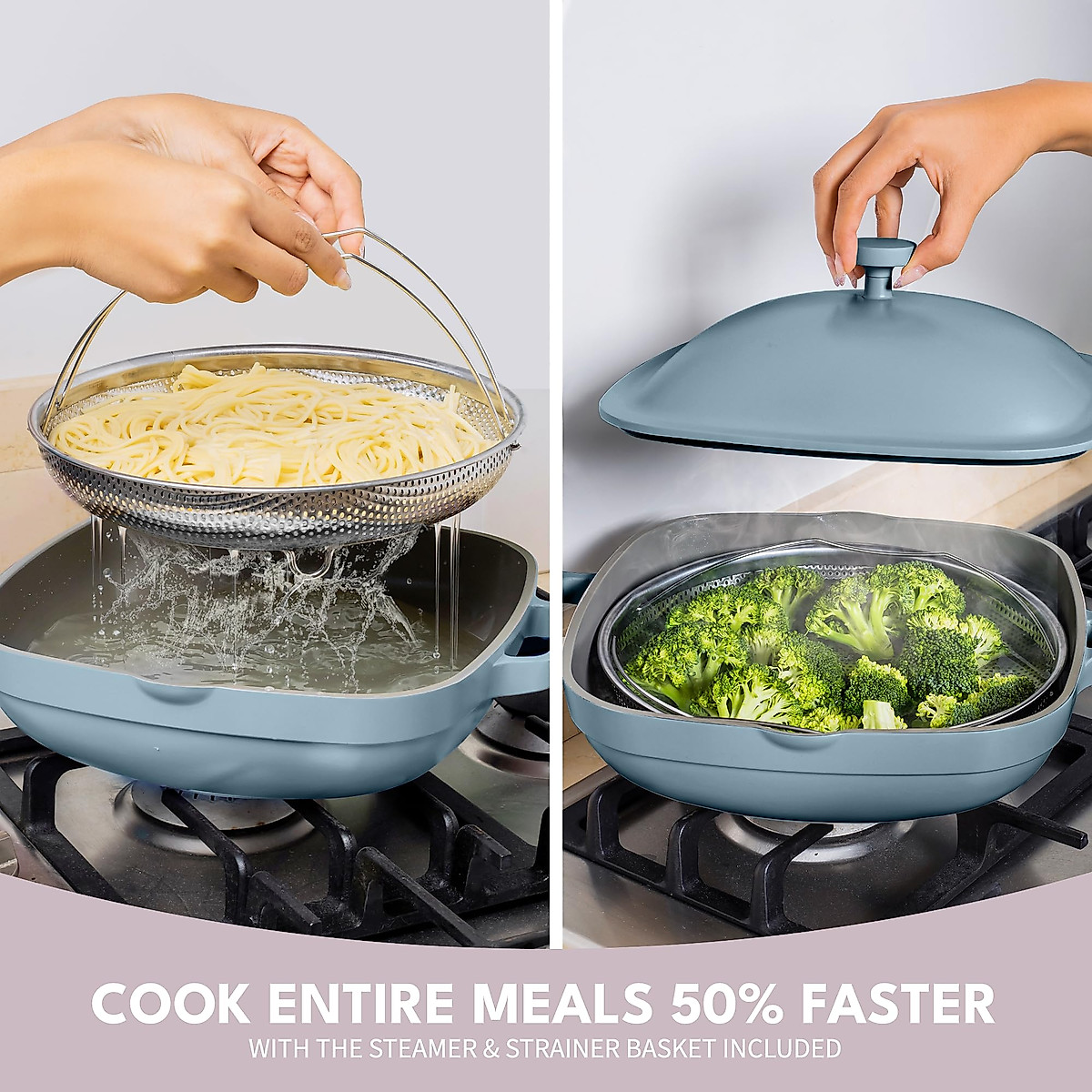 Sliq Nonstick Ceramic Saute Pan with Steamer, Non Toxic Deep Frying Pan, 11 Inch Dishwasher Safe, Replaces All Pans in One, PFOA and PTFE Free, 4 qt, Blue Mist