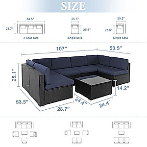 SUNCROWN 7-Piece Outdoor Patio Furniture Sofa Set All-Weather Wicker Sectional Cushioned Washable Seat Conversation Set with Modern Glass Coffee Table and Cushions (Dark Blue)