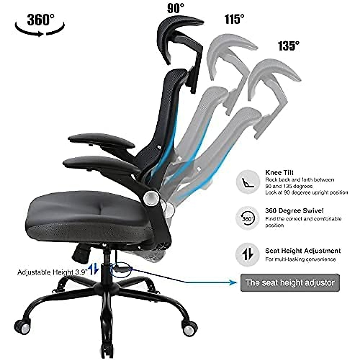 Ergonomic Office Chair, Desk Chair with Lumbar Support, Thick Cushion Breathable Mesh Computer Chair,High Back Desk Chair with 3D Armrests and Adjustable Headrest (Black)