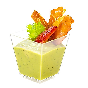 Oasis Creations Square Mini Dessert Cup - 3.5 ounce - 50 Count - Lids & Spoons Included - Clear Plastic - Appetizer Cup - Parfait Cup - Dessert Cup -Disposable or Reusable (50 Pack)