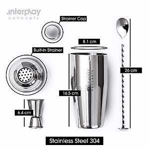 Interplay Concepts 25oz Cocktail Shaker - Large Drink Shaker for Perfect Drinks - Stainless Steel Martini Shaker with Built in Strainer, Jigger & Spoon - Professional Cocktail Shaker Set for Mixing