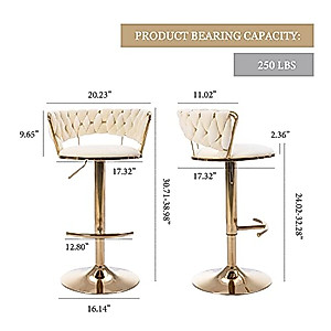 Kiztir Velvet Swivel Bar Stools Set of 2, Adjustable Counter Height Bar Chairs with Woven Back & Footrest, Luxury Gold Bar Stools for Kitchen Island, Cafe, Pub (Cream)