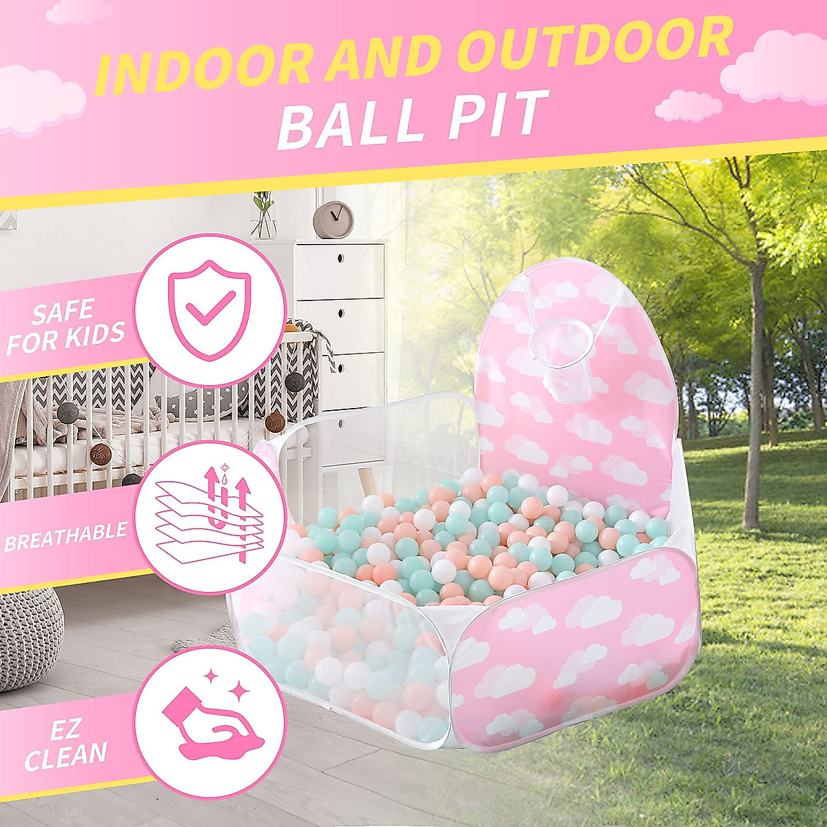 Ball Pit for Toddlers ,Babies Pop Up Play Tent, Kids Large Ball Pits with Basketball Hoop and Zipper Storage Bag, Popular Gifts for Boys Girls Cats Dogs Pets Birthday Xmas,Balls no Inlcuede，Cloud Pink