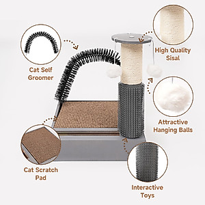 Cat Scratching Post with Cat Tower Tree and Cats Arch Self Groomer Massager Brush Kitty Ball Toys for Kittens,Cat Posts and Scratchers for Indoor Pets,Interactive Toy with Ball Track Spring Ball…
