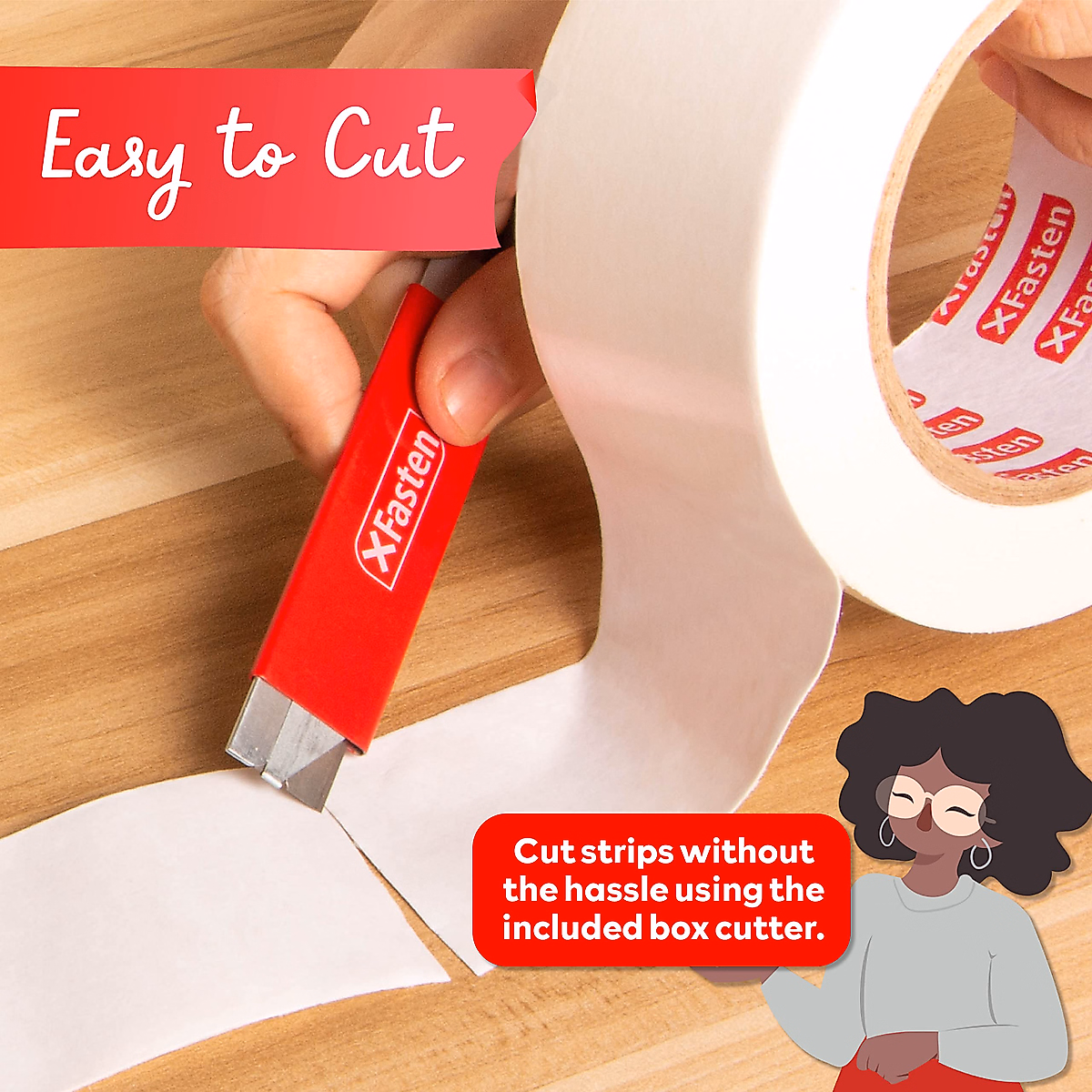 XFasten Double Sided Carpet Tape for Area Rugs 2 Inch x 10 Yards w/Mini Cutter Residue-Free Double Sided Rug Tape for Laminate Floors, Rug Tape Gripper for Carpet, Tape for Hardwood Floors