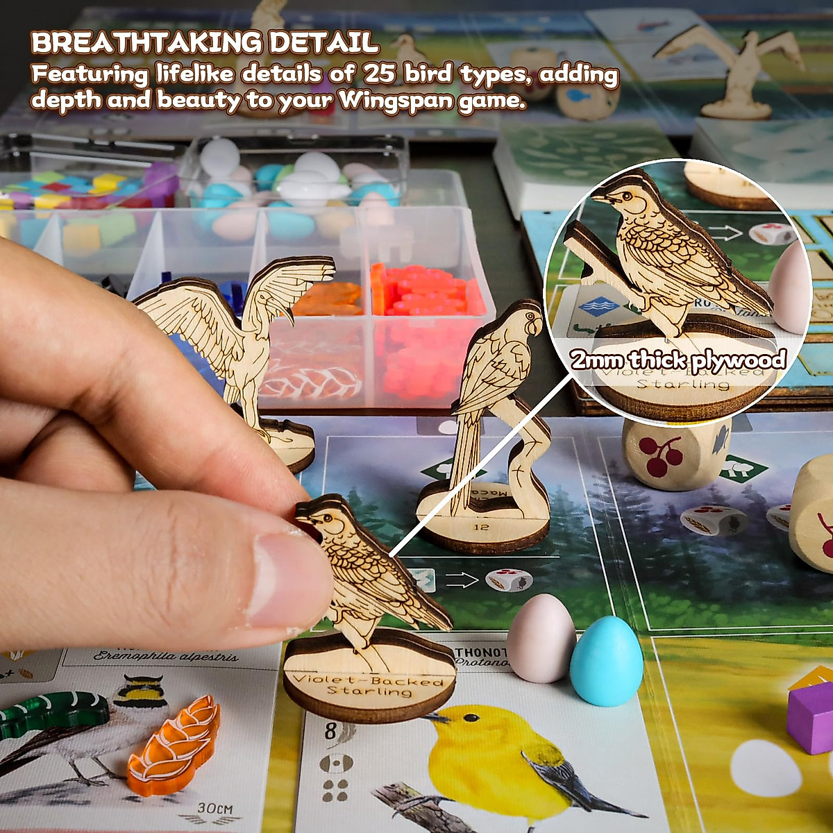 Bird Action Tokens Set of 100 PCS Laser Cut Plywood Markers, 25 Unique Bird Types Upgraded Game Accessories for Wingspan