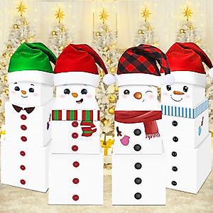 MotiMind 16 Pcs Christmas Snowman Stackable Gift Boxes with Hats in 4 Designs Stackable Snowman Gift Box Tower Xmas Nesting Box for Gift Wrapping Party Decor Christmas Stacking Gift Boxes