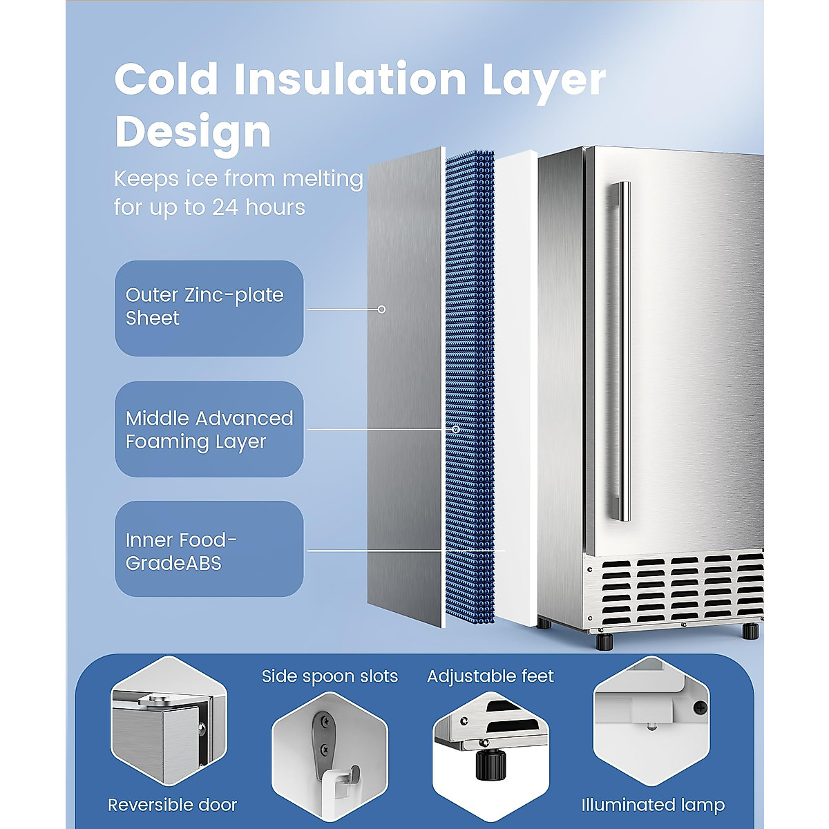 Joy Pebble Nugget Ice Maker Machine,Commercial Under Counter Ice Machine, Stainless Steel Built-in Freestanding Ice Maker,66Lbs/Day,Self-Cleaning & 24H Timer Ice Machine for Bar/Cafe/Business