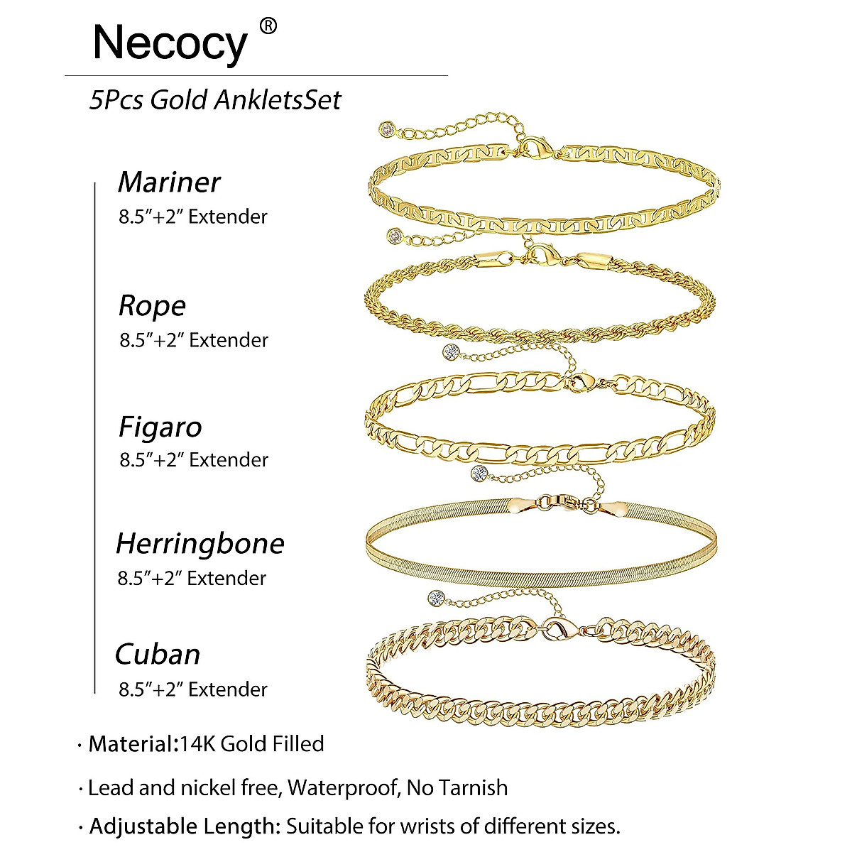 NECOCY Gold Ankle Bracelets for Women,14K Real Gold Plated Anklets Herringbone Figaro Flat Mariner Dainty Layered Anklet Set 3pcs Cute Summer Beach Chain Anklets for Women