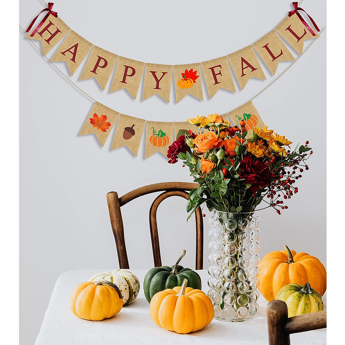JOZON Happy Fall Burlap Banner Happy Fall Bunting Banner Garland with Pumpkins Maple Leaves Acorn Sign for Autumn Party Decorations Thanksgiving Fall Harvest Decor for Mantle Fireplace Wall